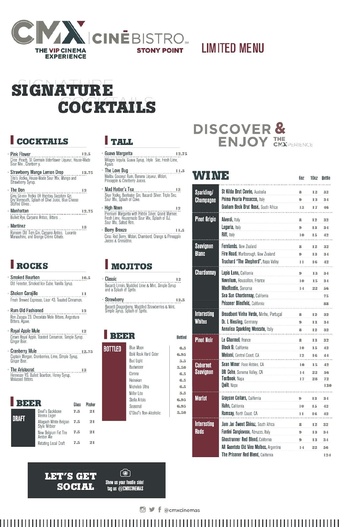 Menu at CMX CinéBistro Stony Point restaurant, Richmond