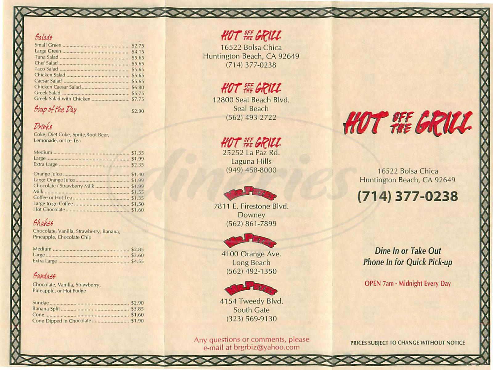 Menu at Hot Off the Grill fast food, Huntington Beach, Bolsa Chica St