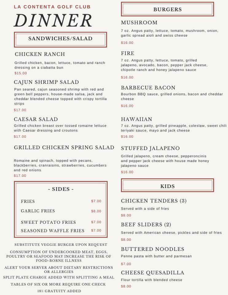 Menu at La Contenta Bar and Grill, Valley Springs