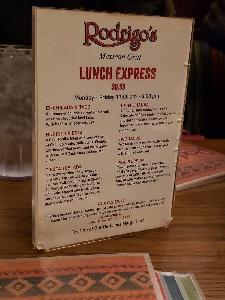 Menu at Rodrigo's Mexican Grill restaurant, Montclair