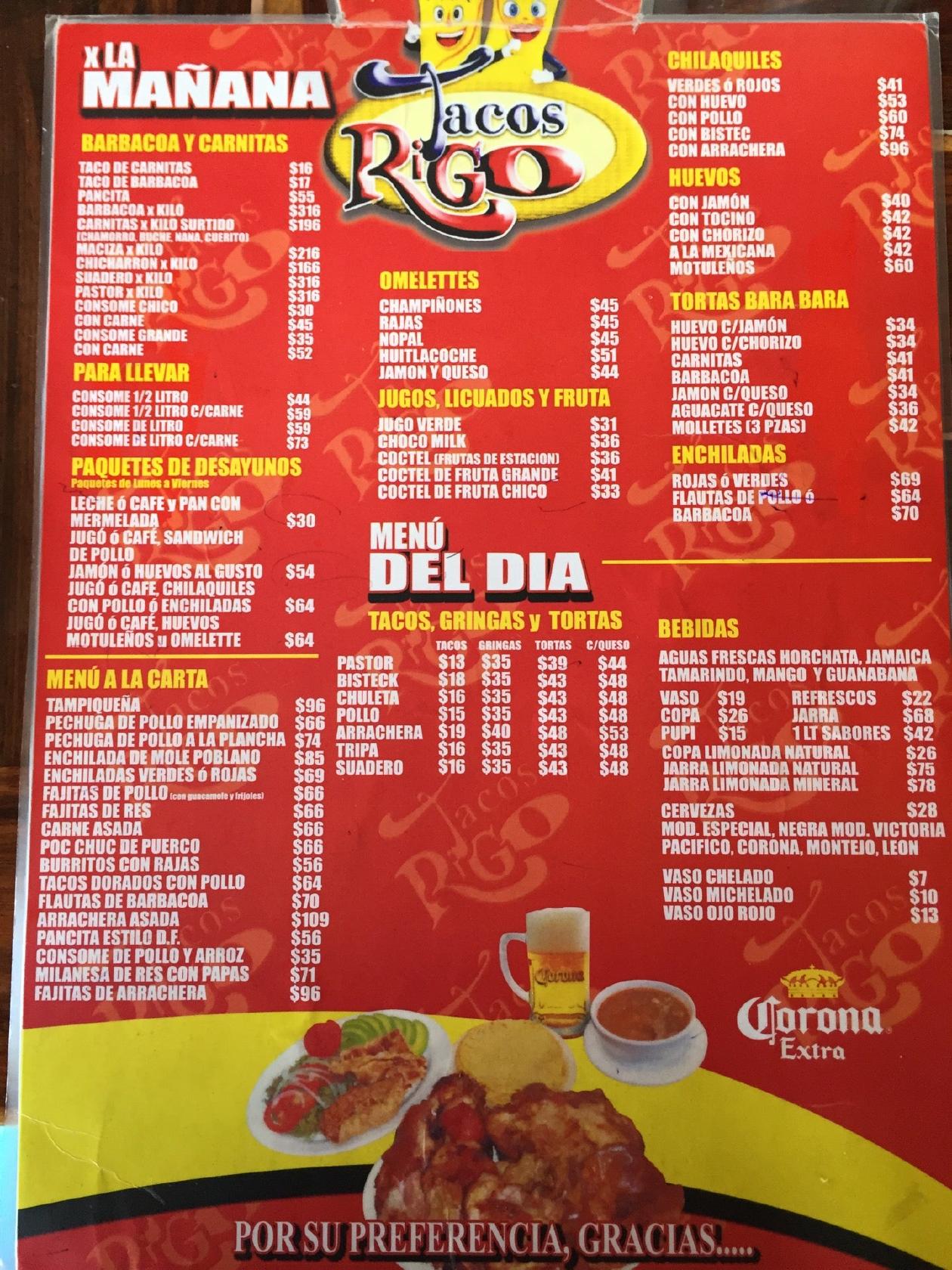 Carta del restaurante Tacos Rigo, Cancún, Playa 50 ‎ Cancun Centro Off ...