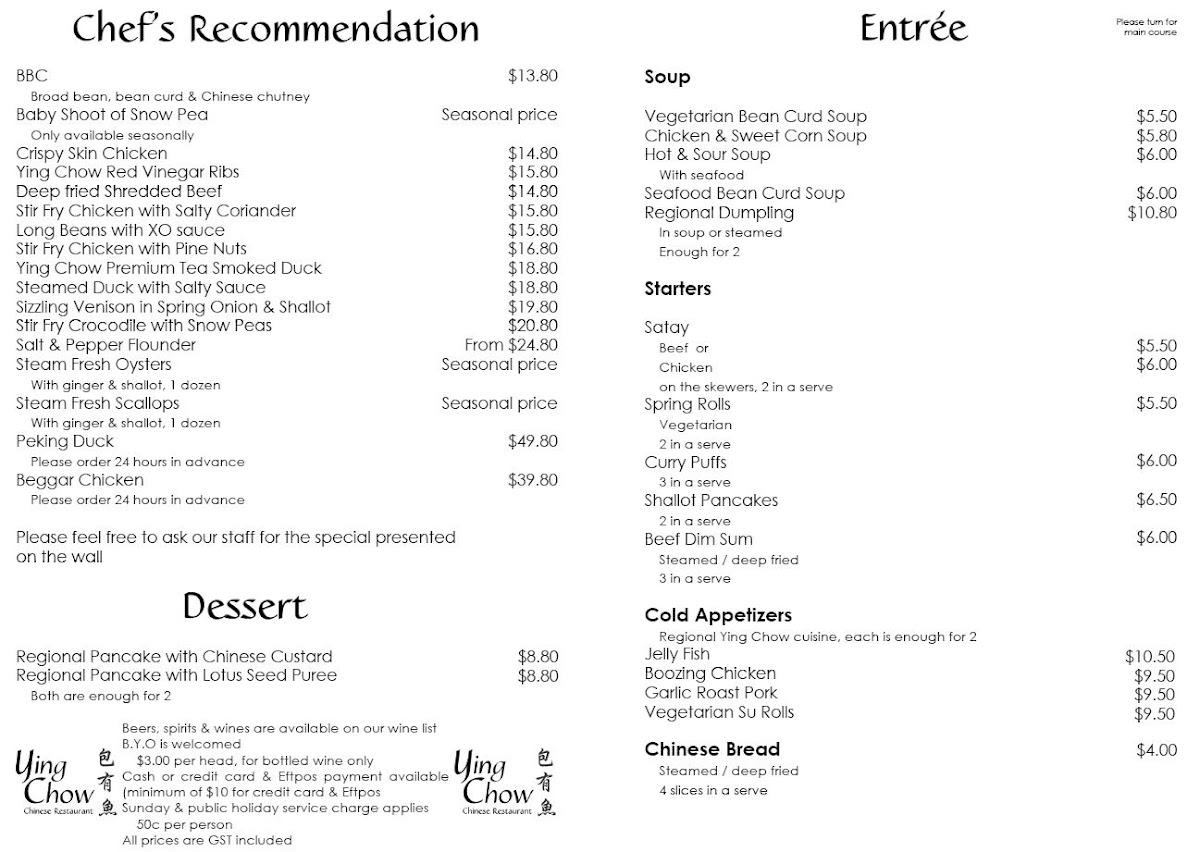 Menu at Ying Chow Chinese Restaurant, Adelaide