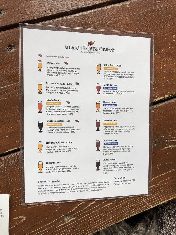 Menu at Allagash Brewing Company restaurant, Portland