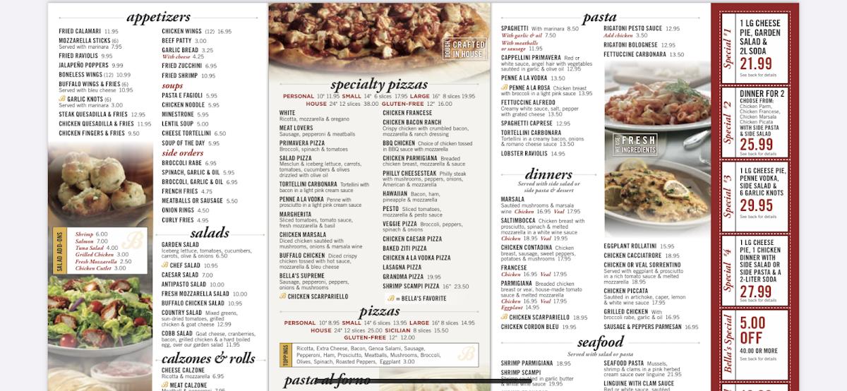 Menu at Bella’ shrub oak pizzeria, Shrub Oak
