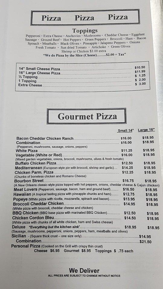 Menu at Big E's pizzeria, Cottekill