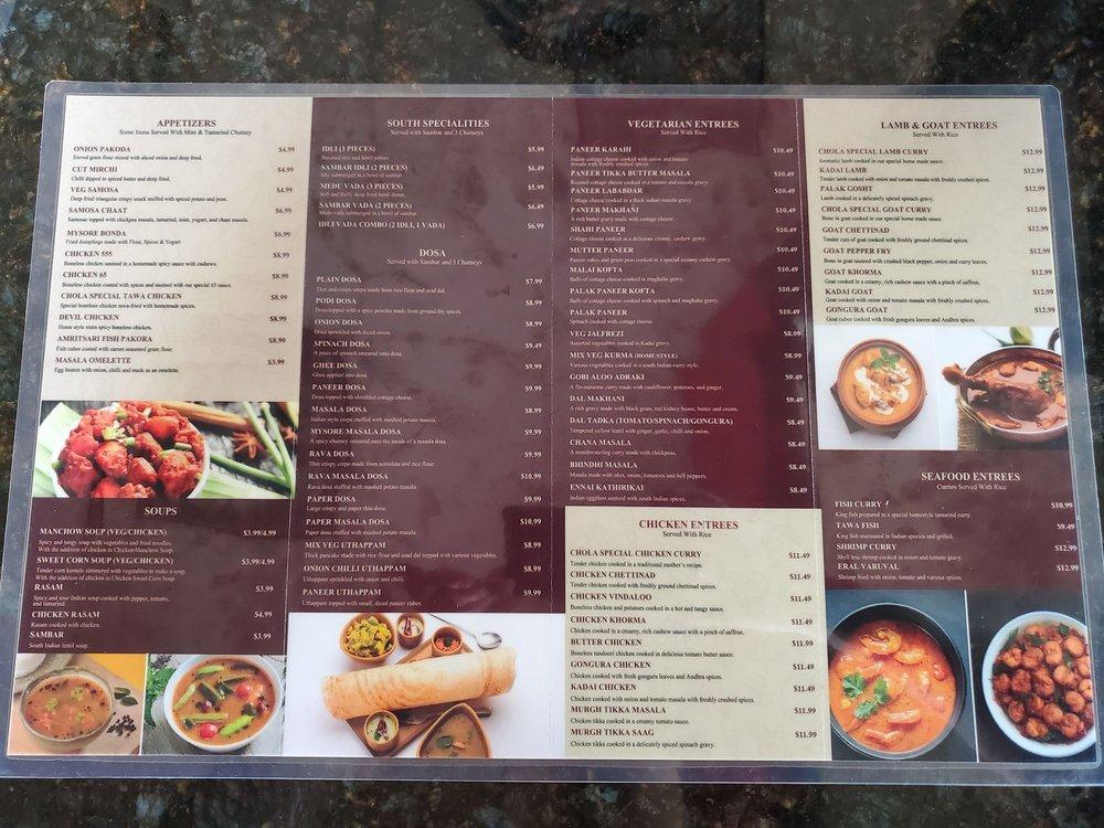 Menu at Chola Indian Cuisine restaurant, Toronto