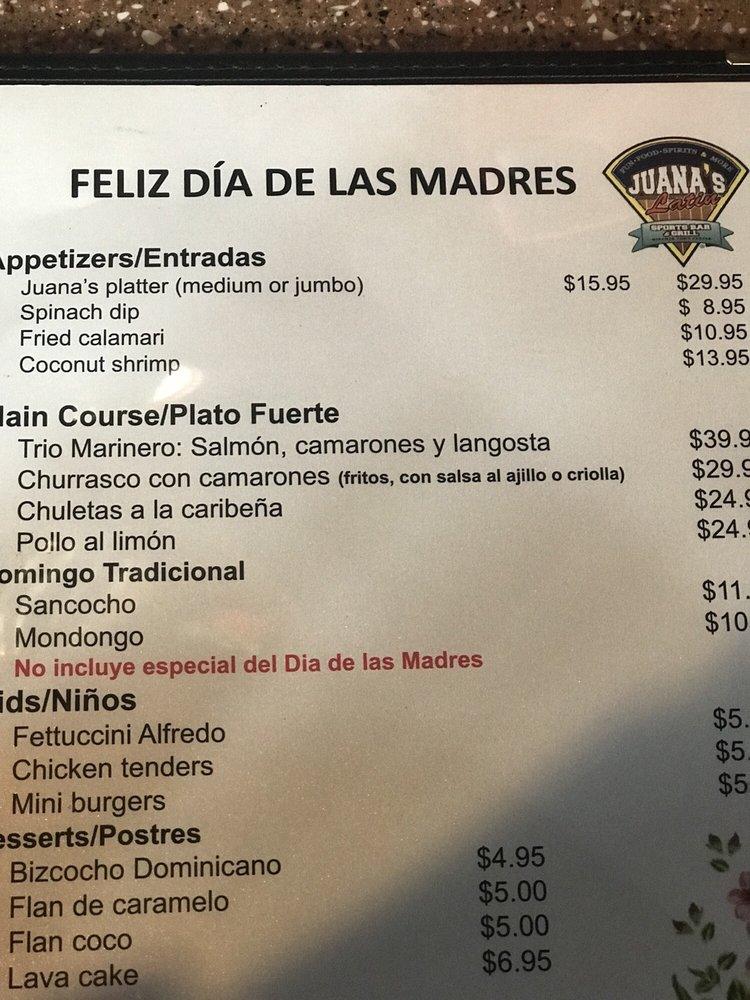Menu at Juana’s Latin Sports Bar, Miramar