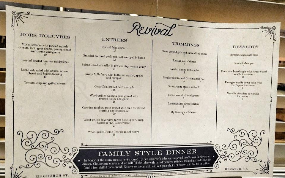 Menu at Revival restaurant, Decatur