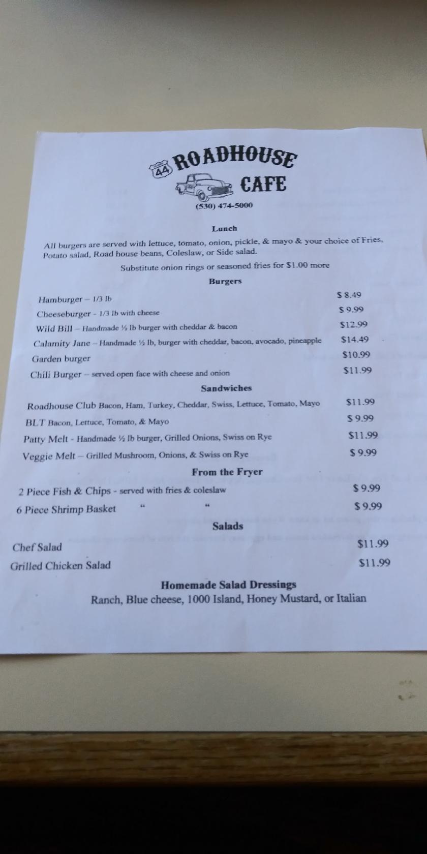 Menu at Roadhouse restaurant, Shingletown