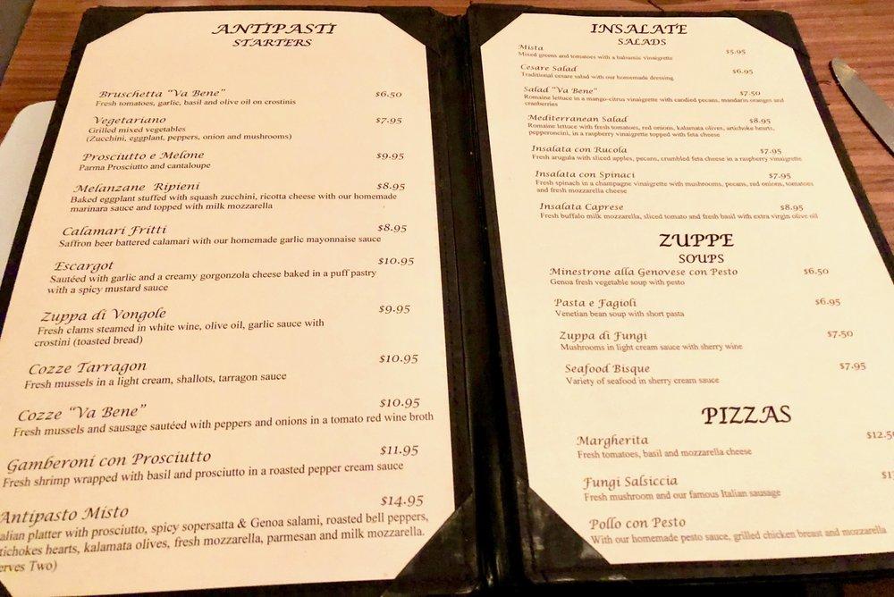 Menu at Va Bene pub & bar, Phoenix