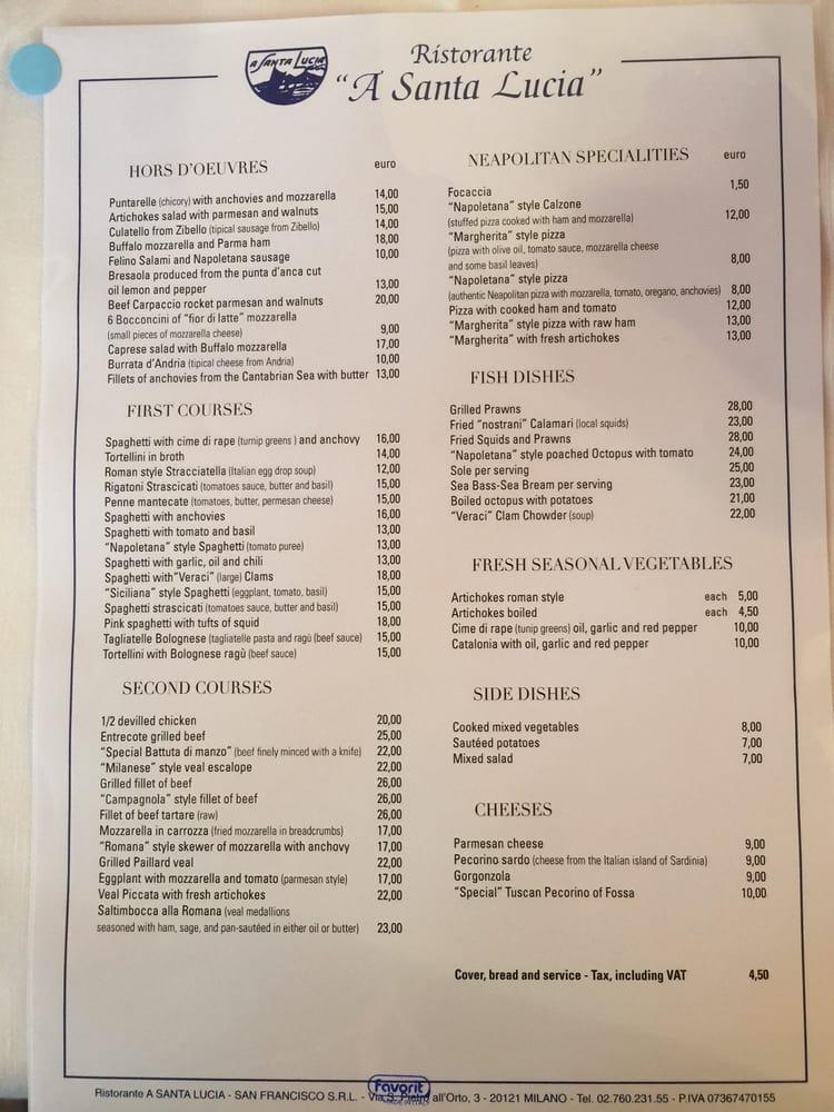 Menu da A Santa Lucia pizzeria, Milano, Via S. Pietro All'Orto