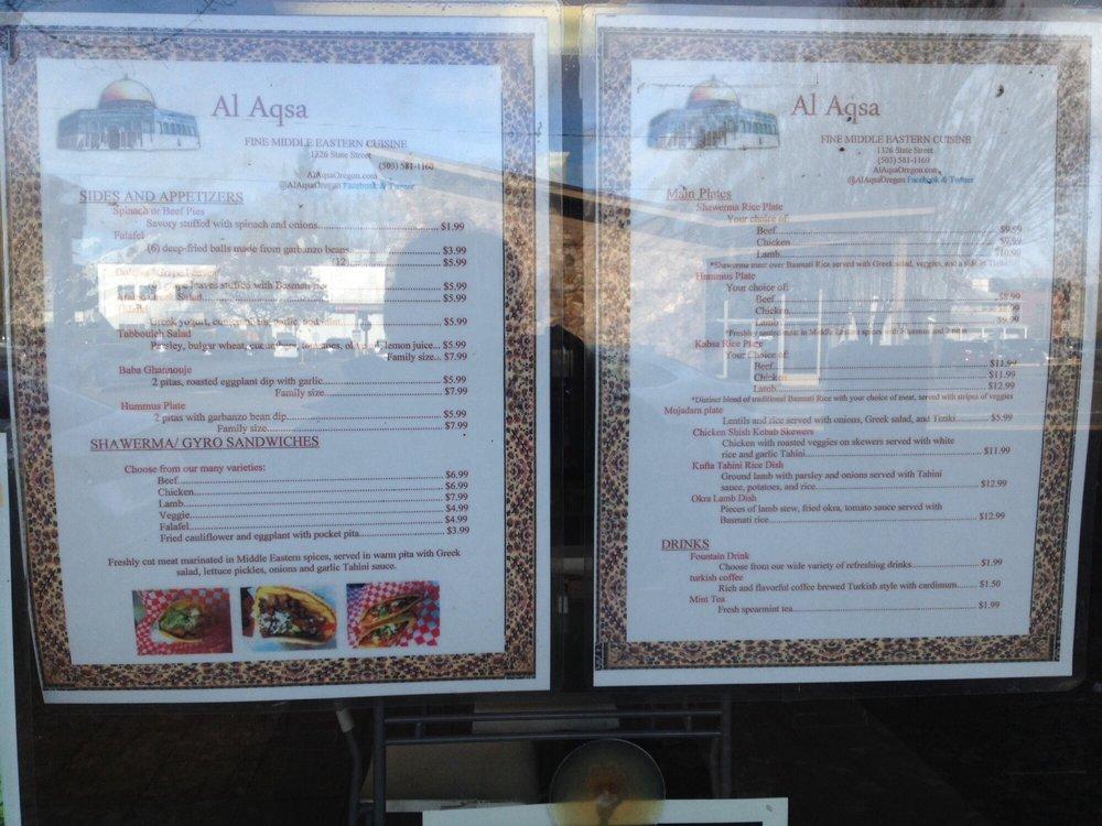 Menu at Al Aqsa restaurant, Salem