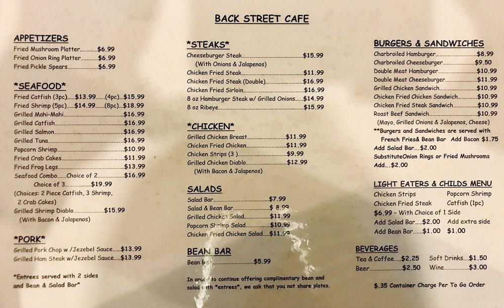 Menu at Back Street Restaurant, Sinton