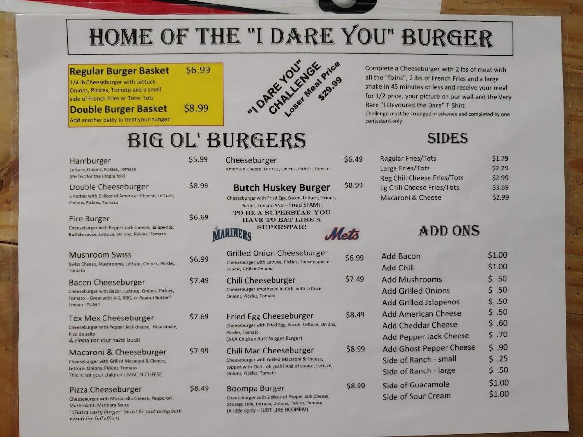 Menu at Boompa's Burgers fast food, Elgin