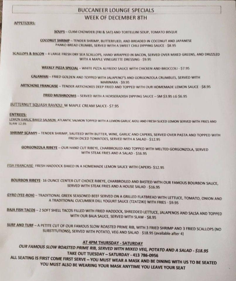 Menu at Buccaneer Lounge pub & bar, Agawam