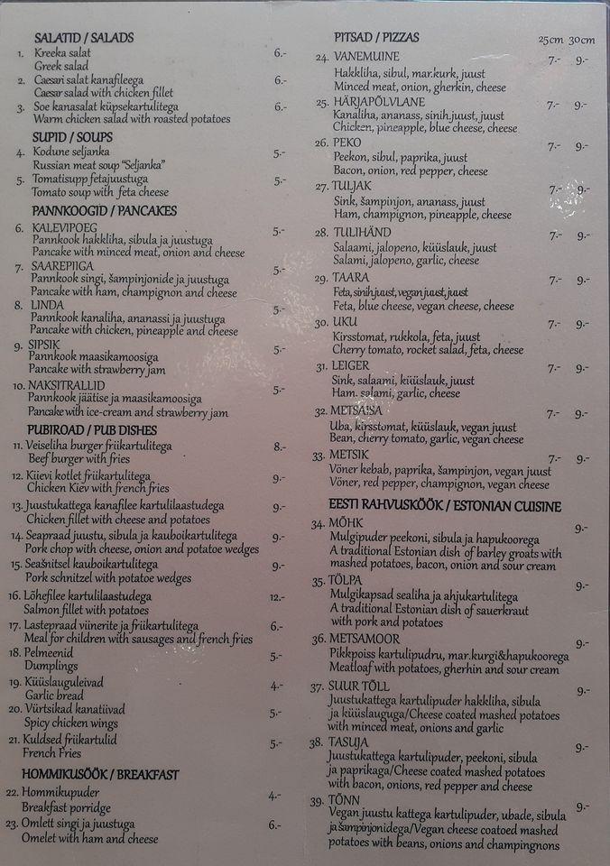 Menu at Kohvik Armastus restaurant, Tartu