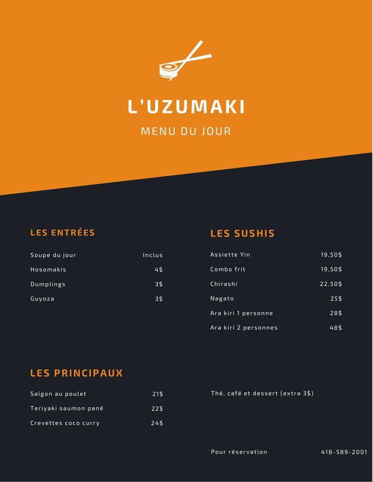 Menu au L'Uzumaki restaurant, Baie-Comeau