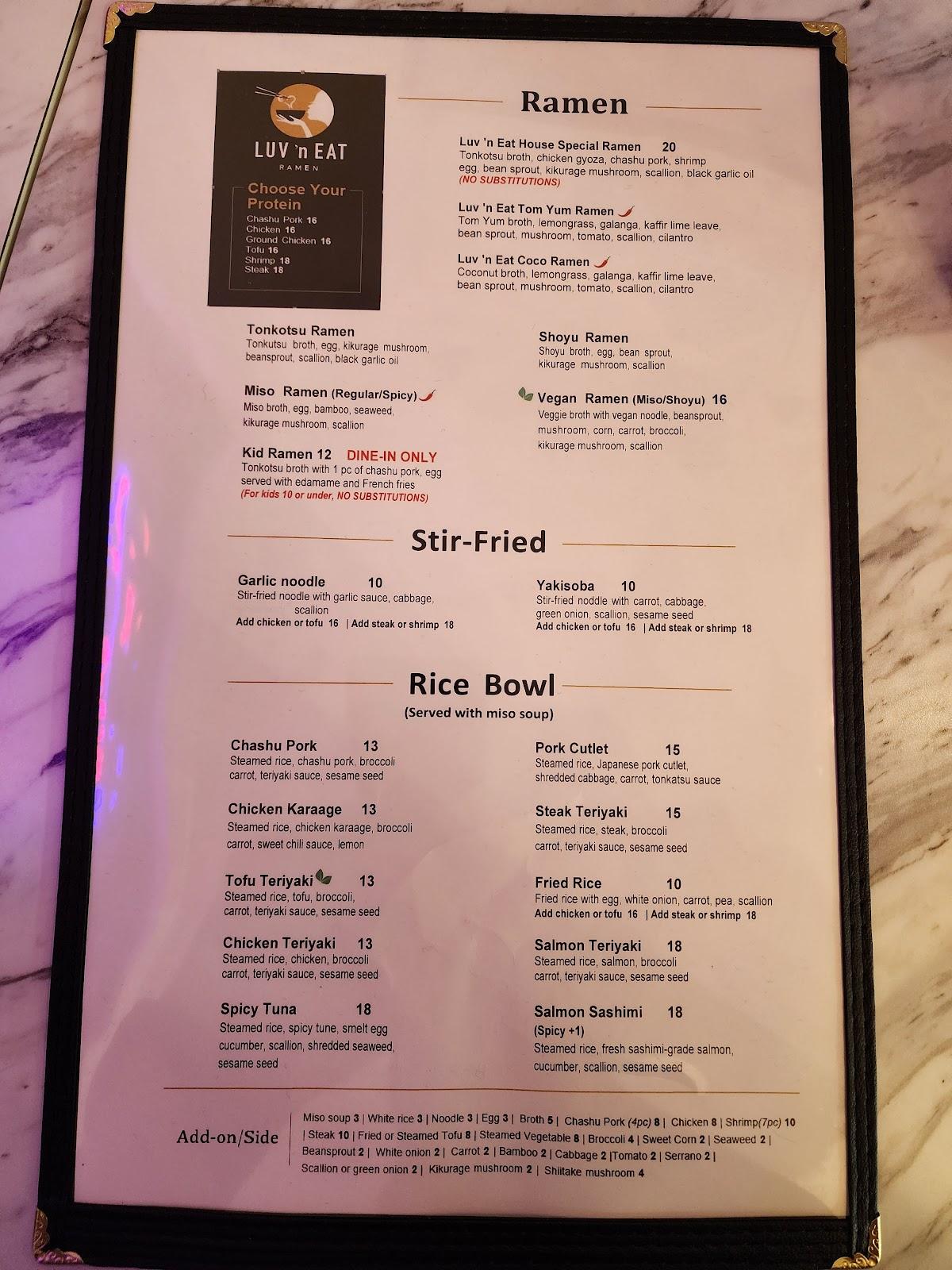 Menu at Luv'n Eat Ramen restaurant, Camarillo