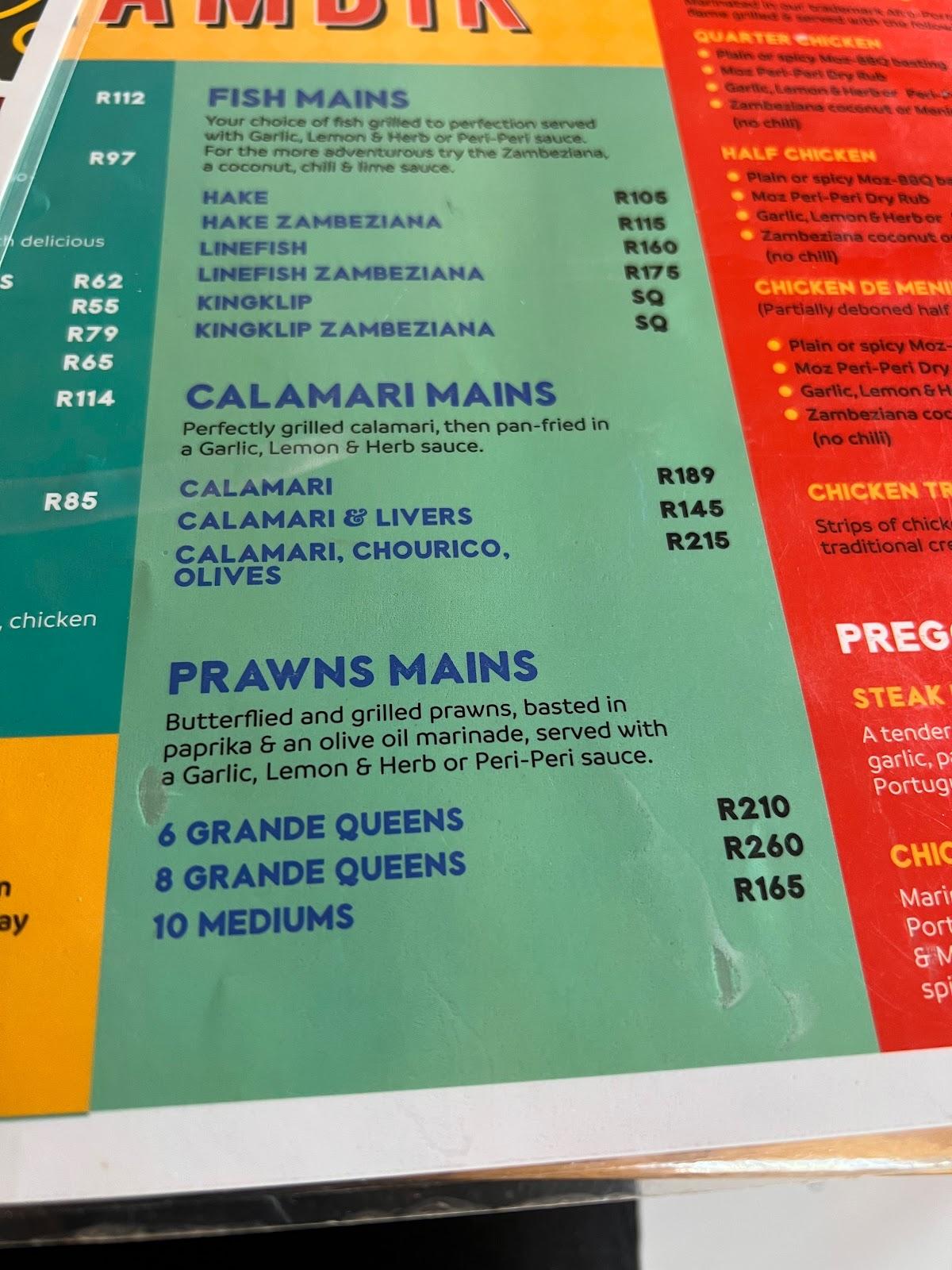 Menu at Mozambik Groenkloof restaurant, Pretoria