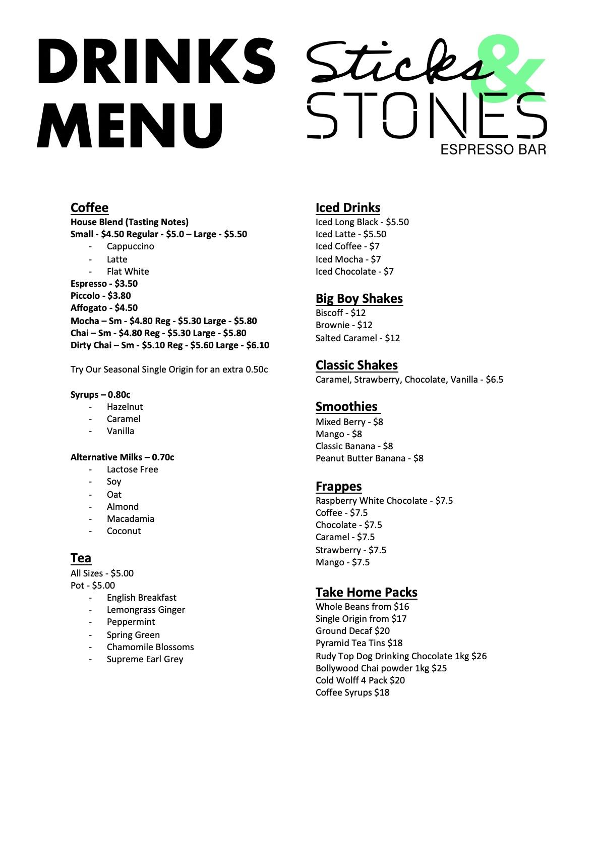 Menu at Sticks & Stones Espresso cafe, Woodford