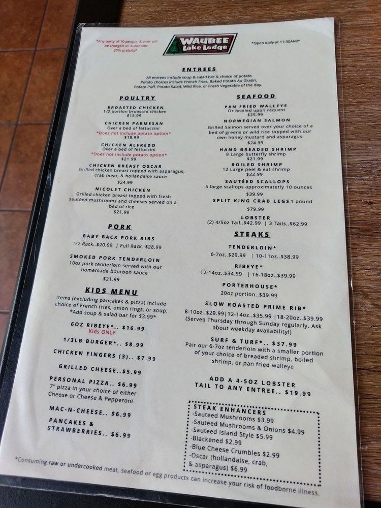 Menu at Waubee Lake Lodge pub & bar, USA