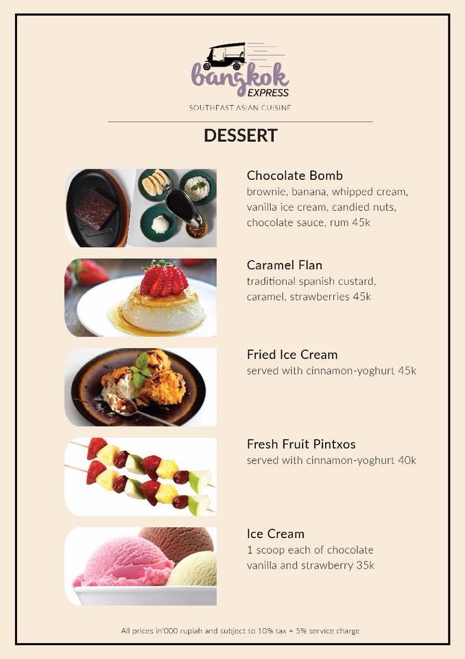 Menu at Bangkok Express restaurant, Kuta