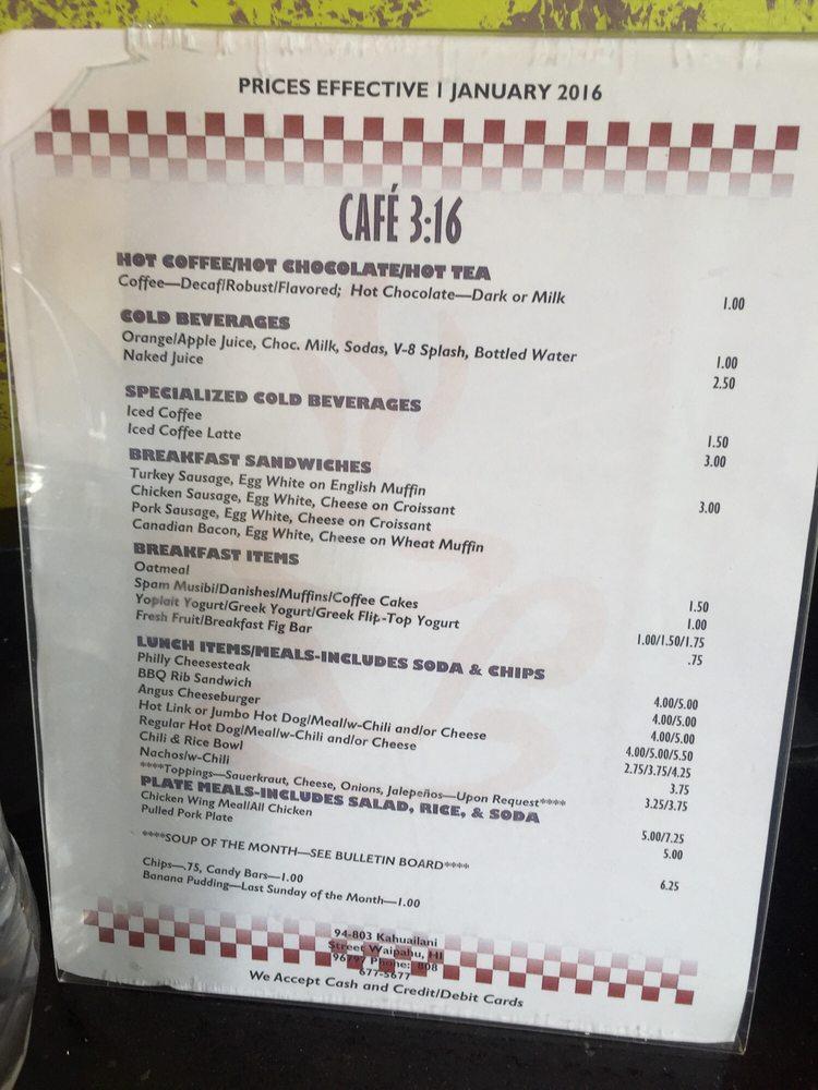 Menu at Cafe 3:16, Waipahu