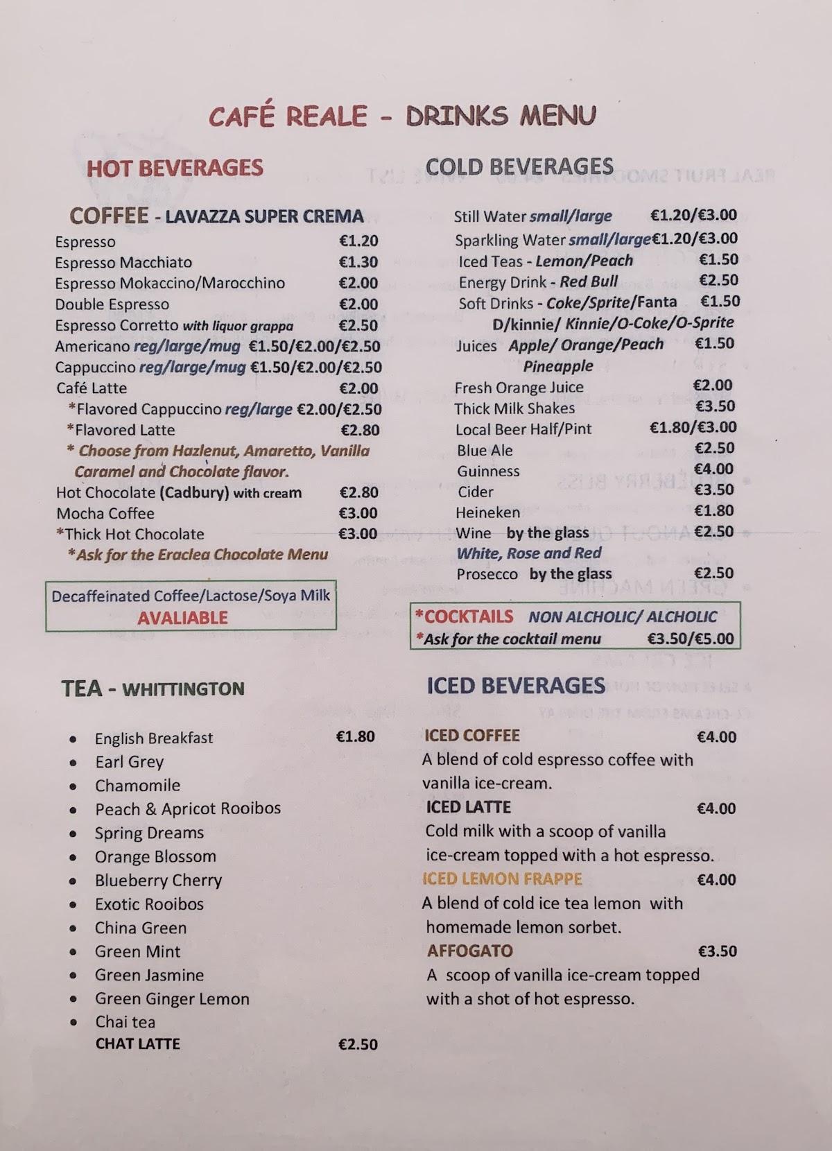 Menu at Café Reale cafe, Xagħra, 29 Victory Square