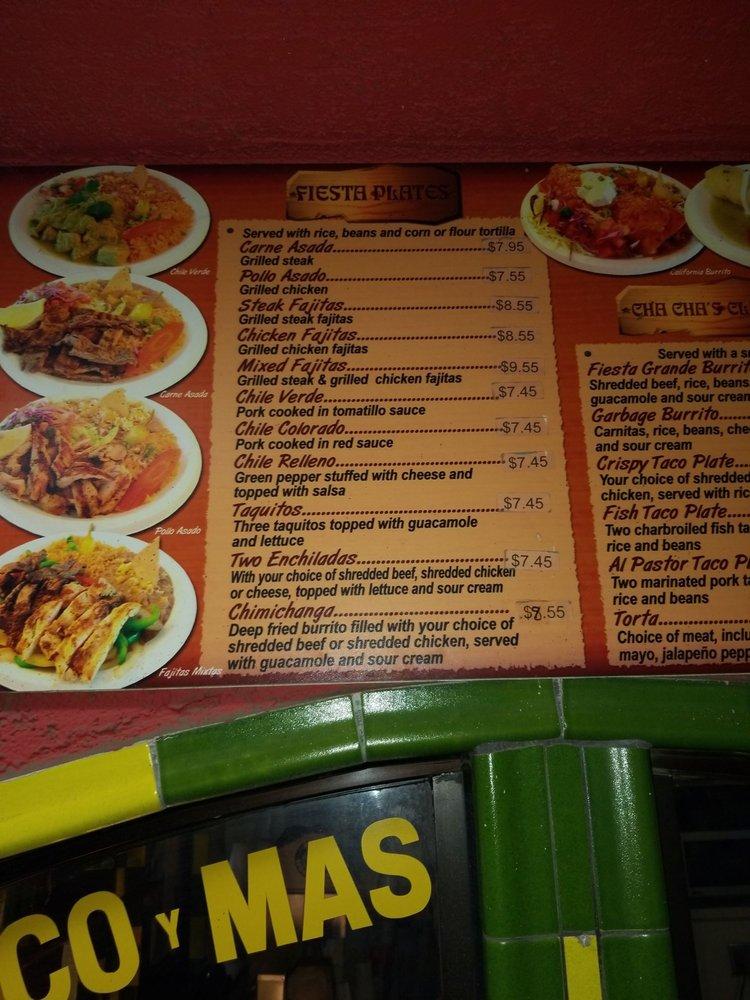 Menu at Cha-Cha's Tacos restaurant, Redlands