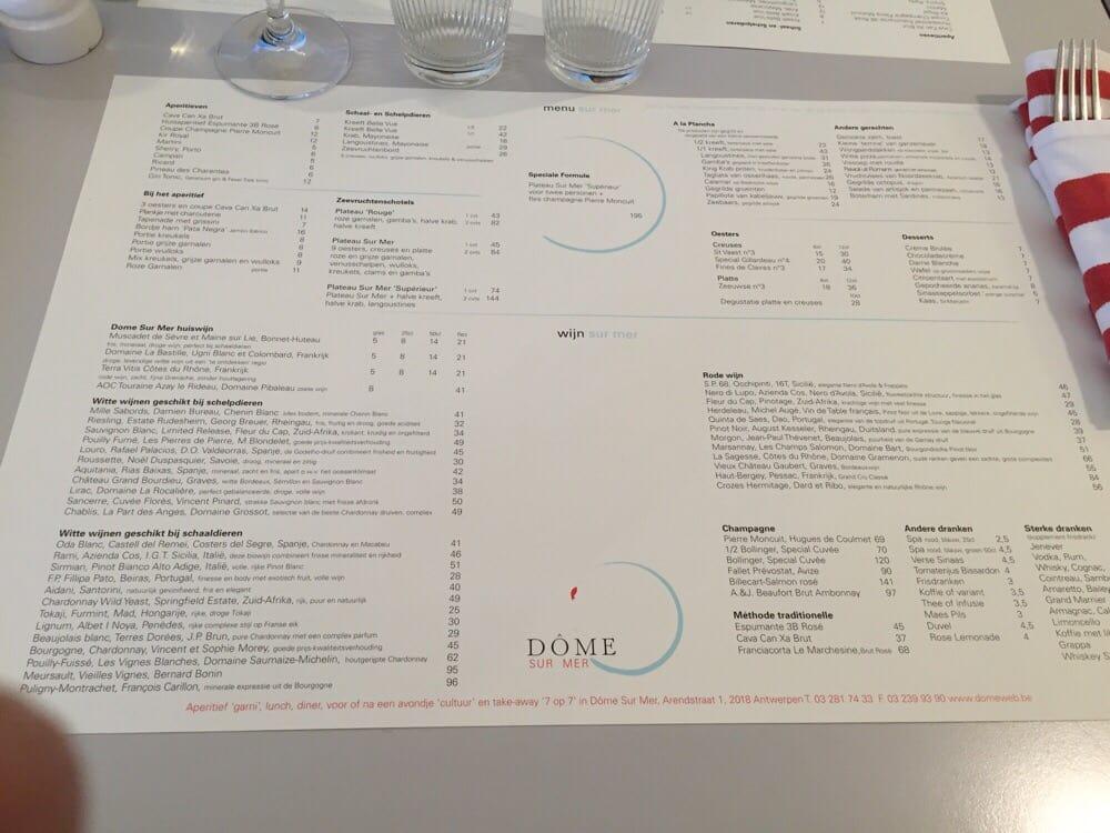 Menu at Dôme sur Mer, Antwerp