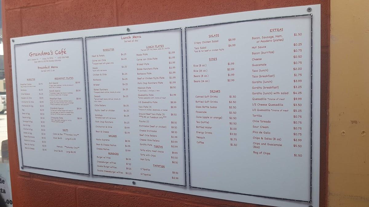 Menu at Grandma's Cafe, Crane