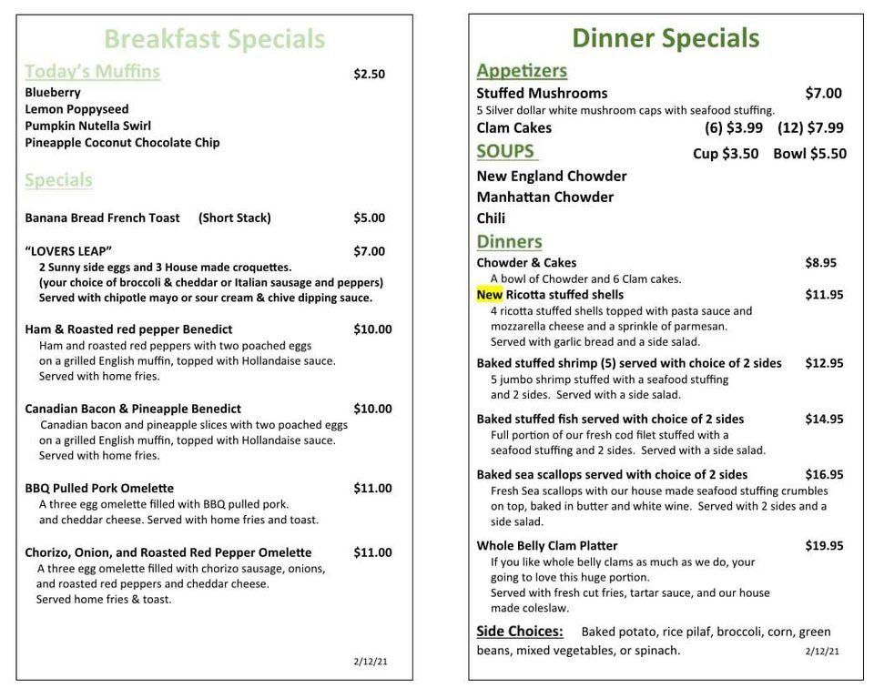 Menu at Henry's Diner restaurant, Putnam