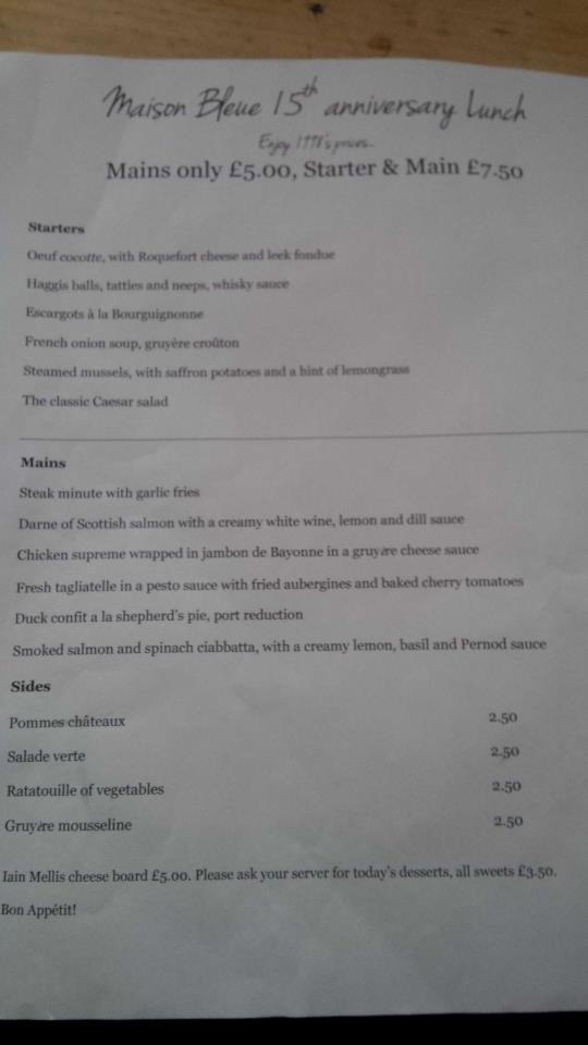 Menu at Maison Bleue restaurant, Edinburgh