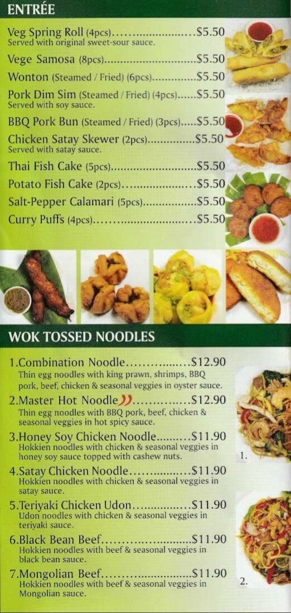 Menu at Master Noodle restaurant, Kedron