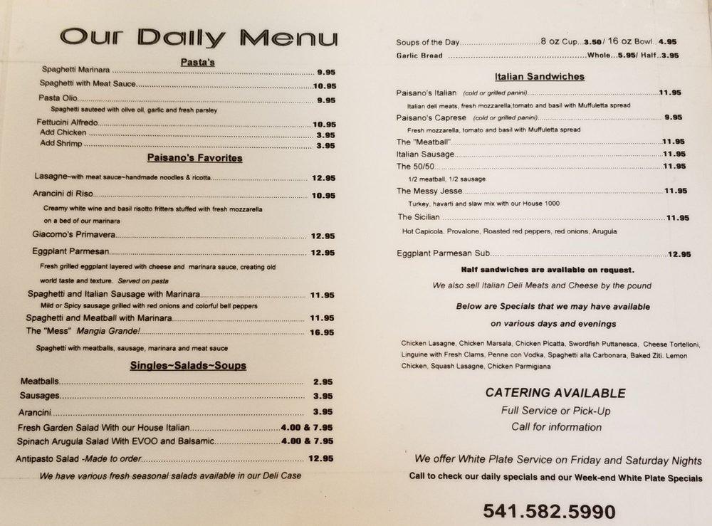 Menu at Paisano's Italian Kitchen restaurant, Rogue River