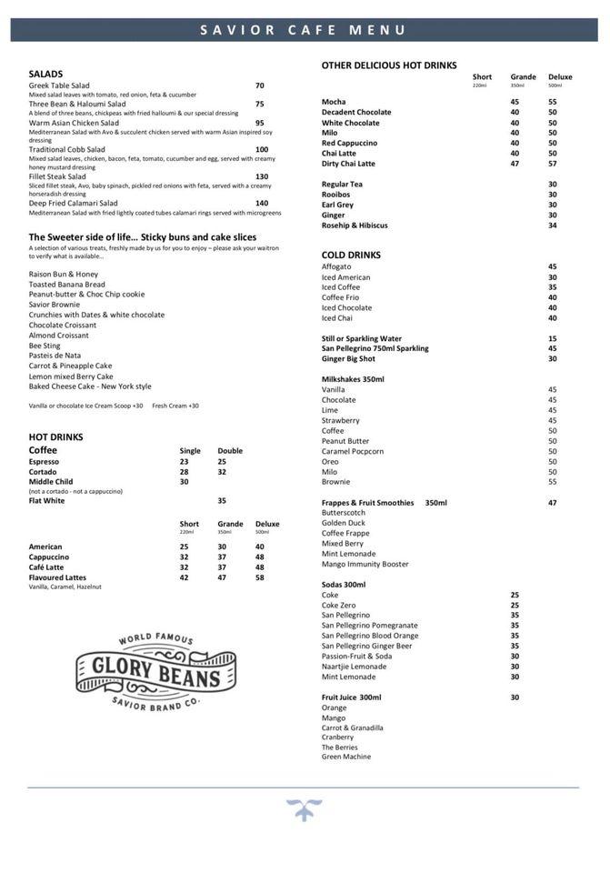 Menu at Savior Cafe, Durban