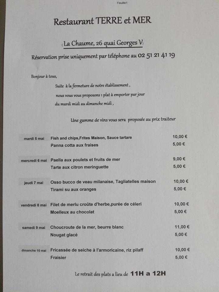 Menu au Terre et Mer restaurant, Les Sables-d'Olonne