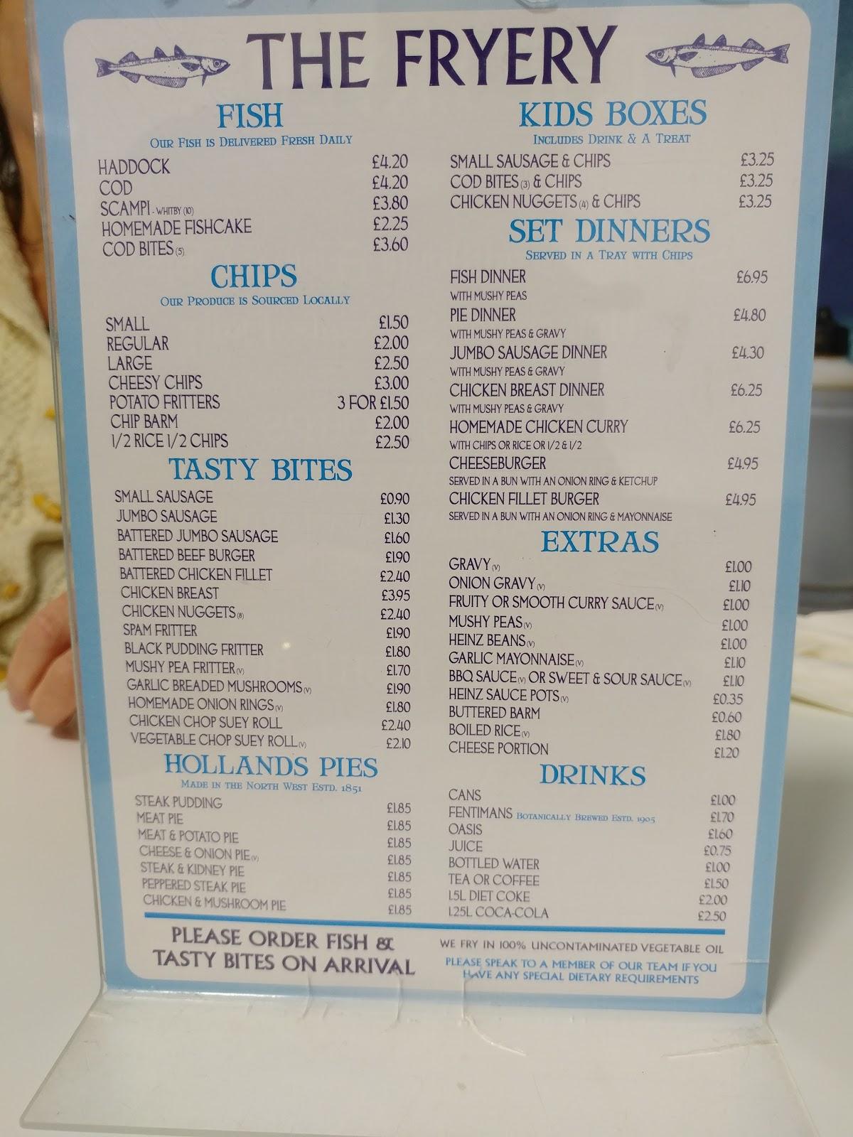 Menu at The Fryery restaurant, Southport