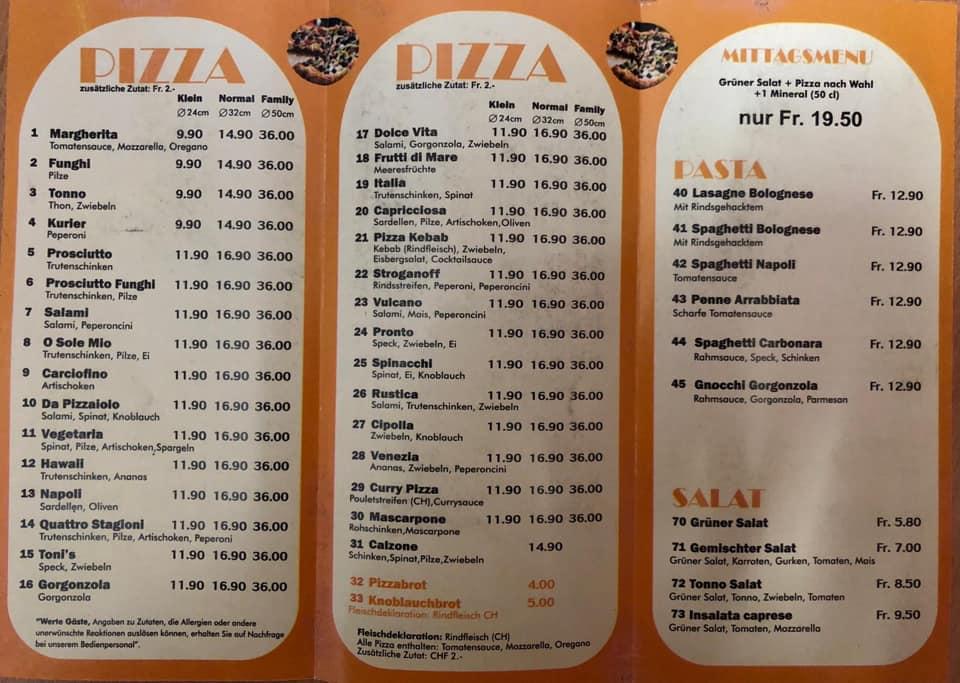 Speisekarte von Toni's Pizza Kurier, Landquart