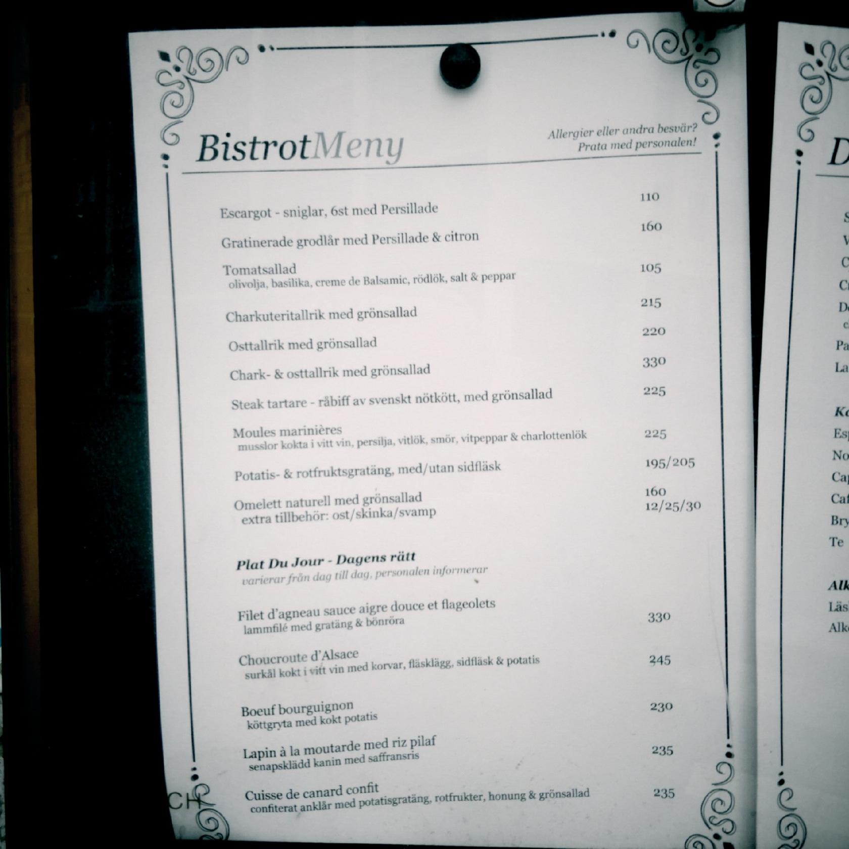 Menu at Bistrot Paname restaurant, Stockholm