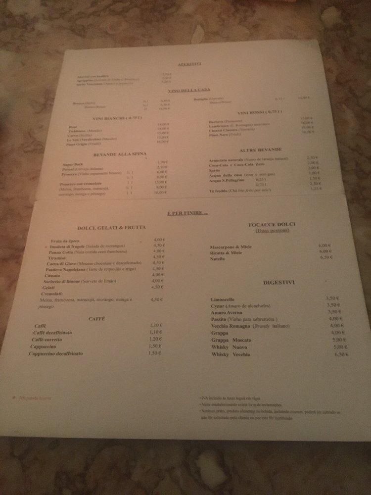 Menu at Casanova pizzeria, Lisbon