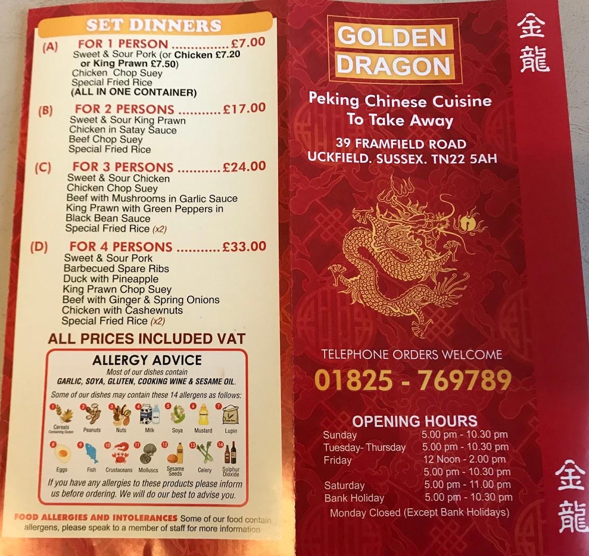 Menu at Golden Dragon fast food, Uckfield