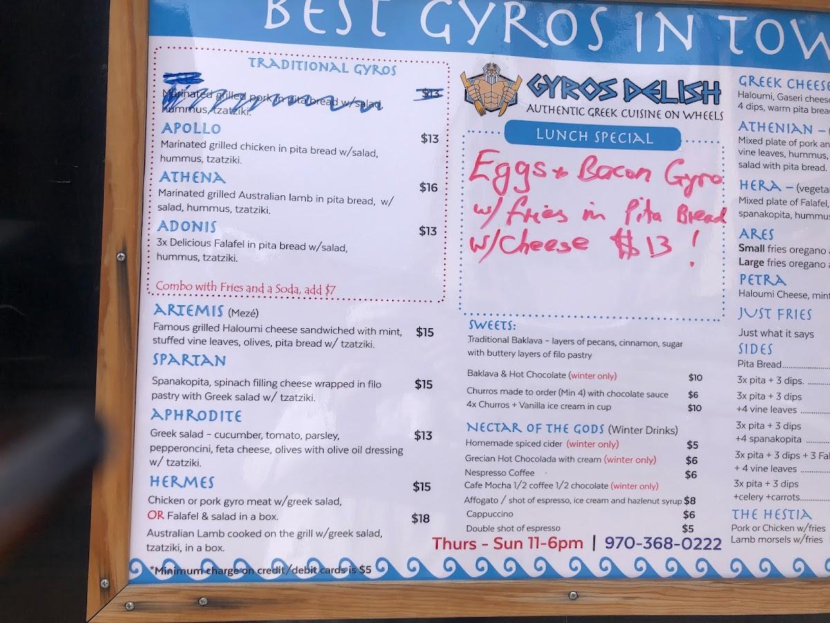 Menu at Gyros Delish restaurant, Breckenridge