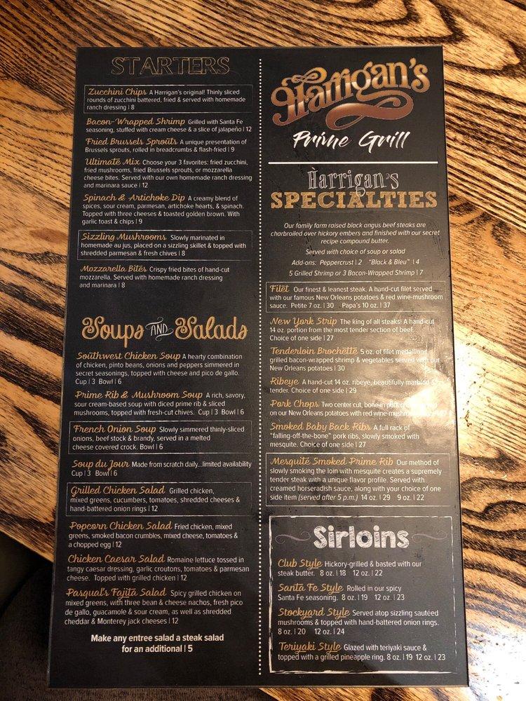 Menu at Harrigan's Prime Grill steakhouse, Lubbock, Indiana Ave #3