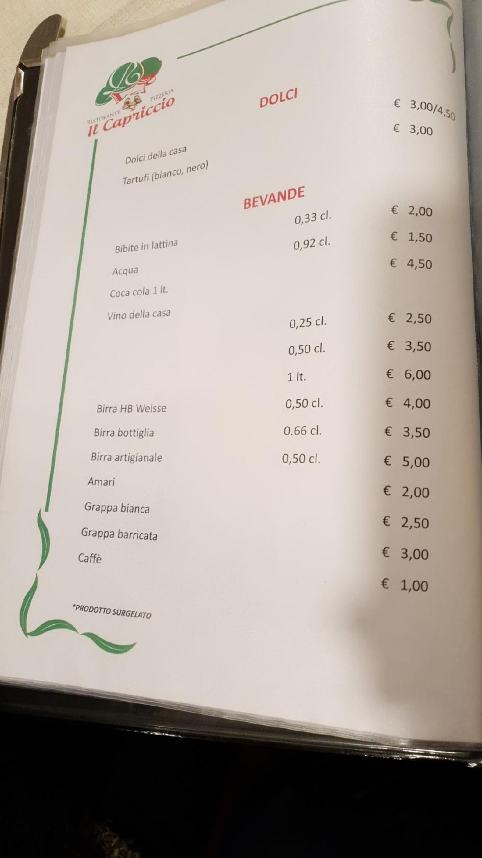 Menu da Il Capriccio ristorante, Castel di Sangro
