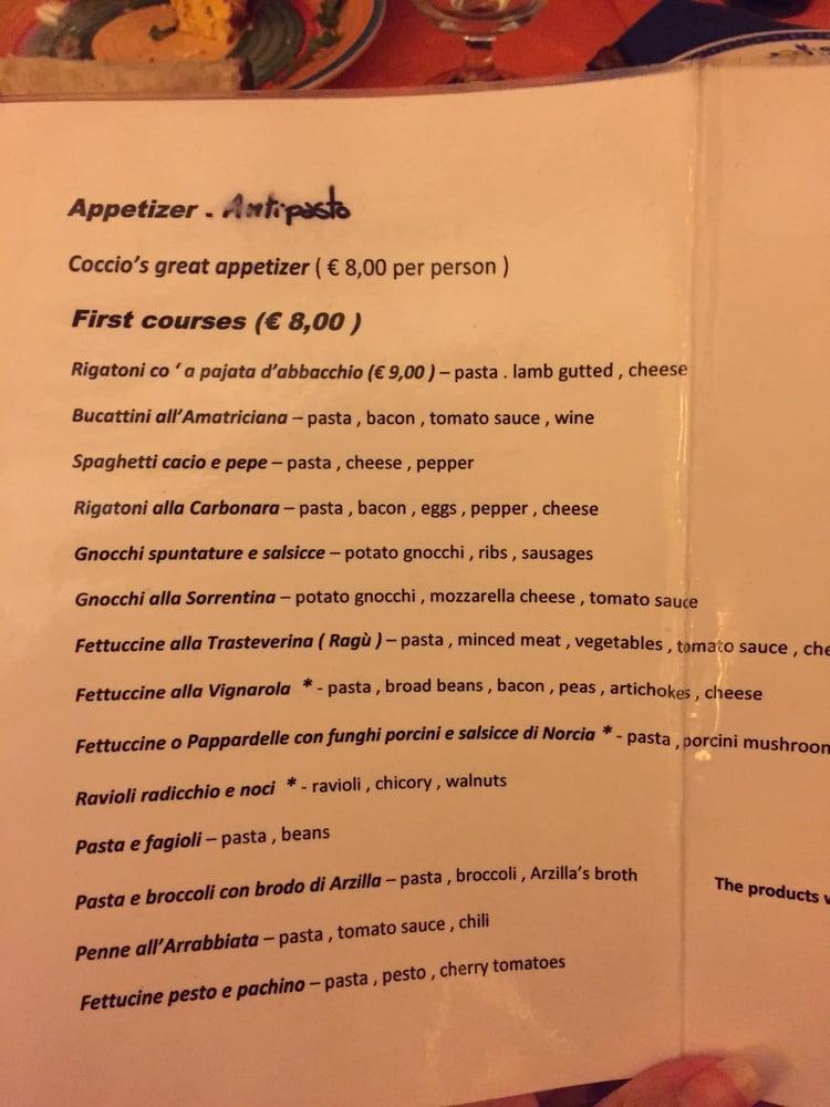Menu da Il Coccio pizzeria, Roma, Via dei Meli