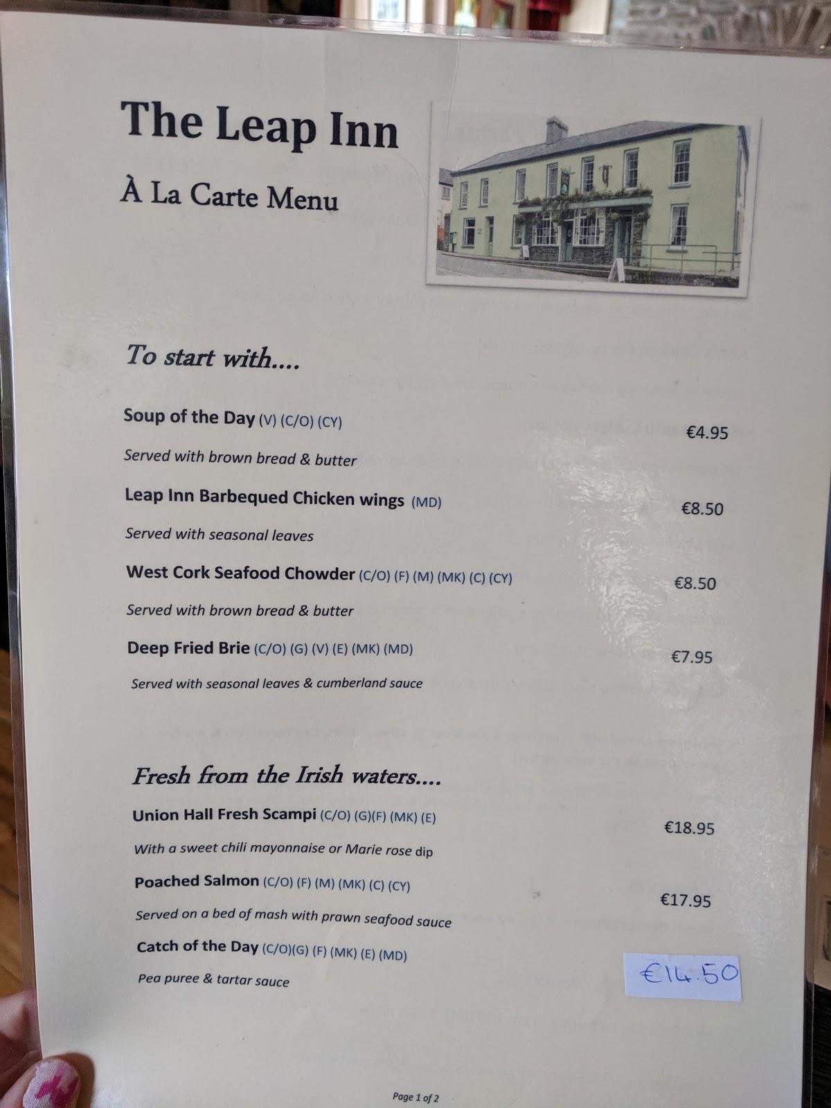 Menu at Leap Inn Bar & Restaurant, Leap