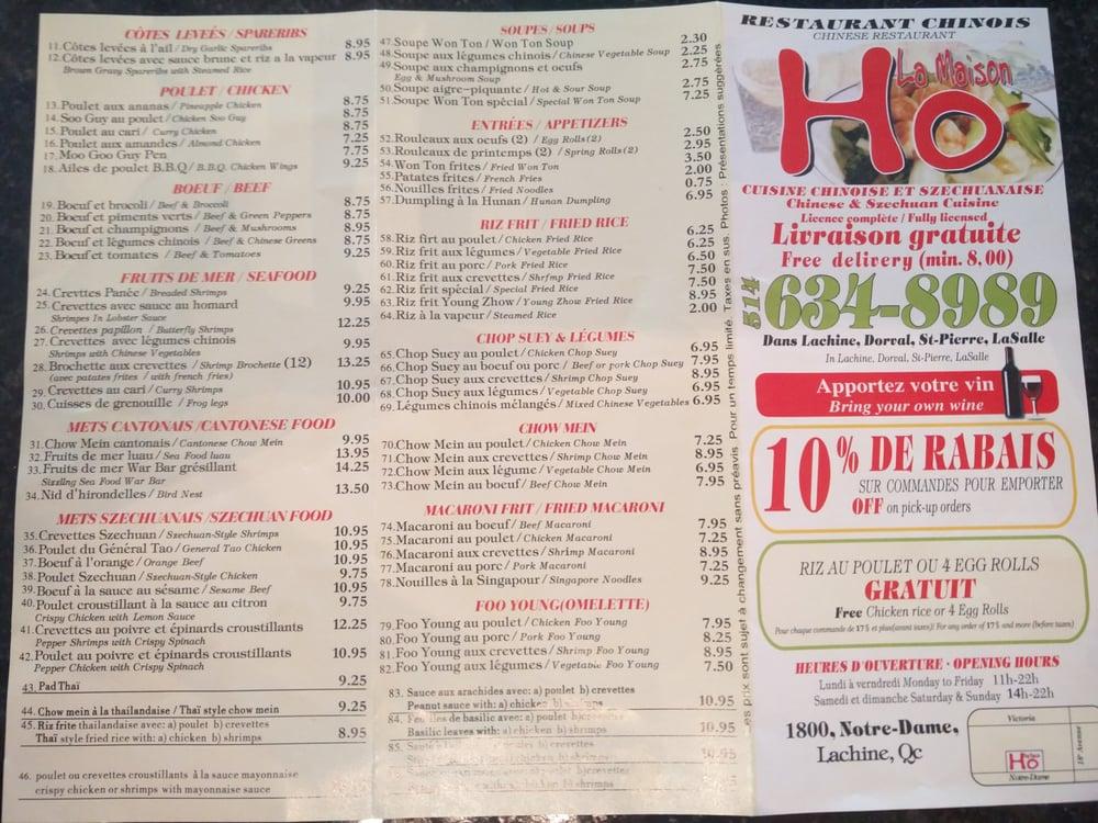 Menu au La Maison Ho restaurant, Montréal, Rue Notre Dame