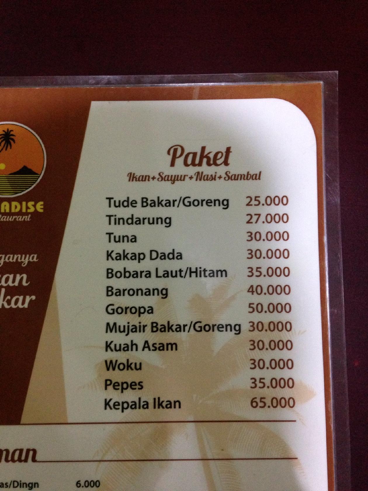 Menu at New Paradise Restaurant, Manado