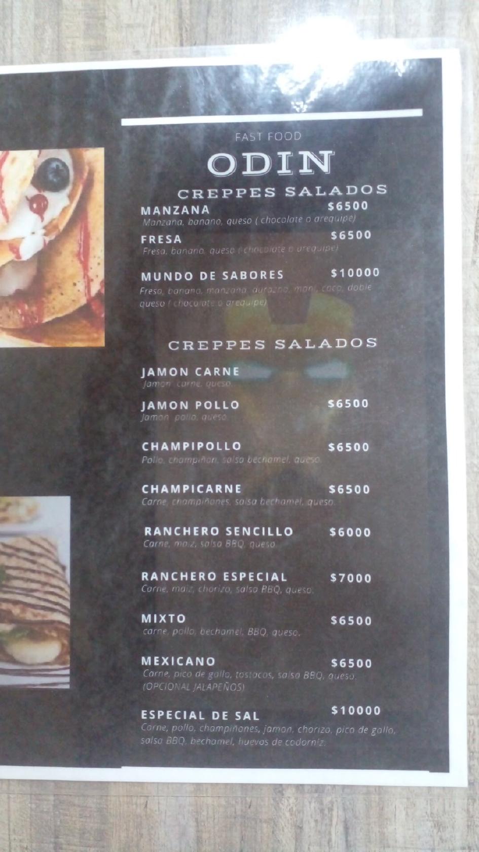 Menu at ODIN Fast Food, Soacha